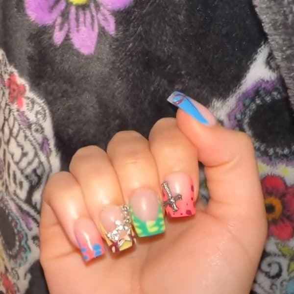 Money Nails Red French Tip Bling Rhinestones W Gold Foil & Gold Heart ...