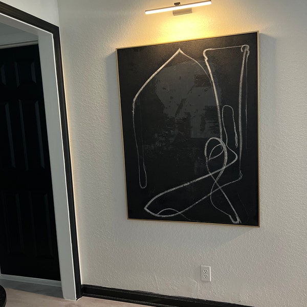 Large Black Abstract Line Oil Painting Textured Black and White Wall ...