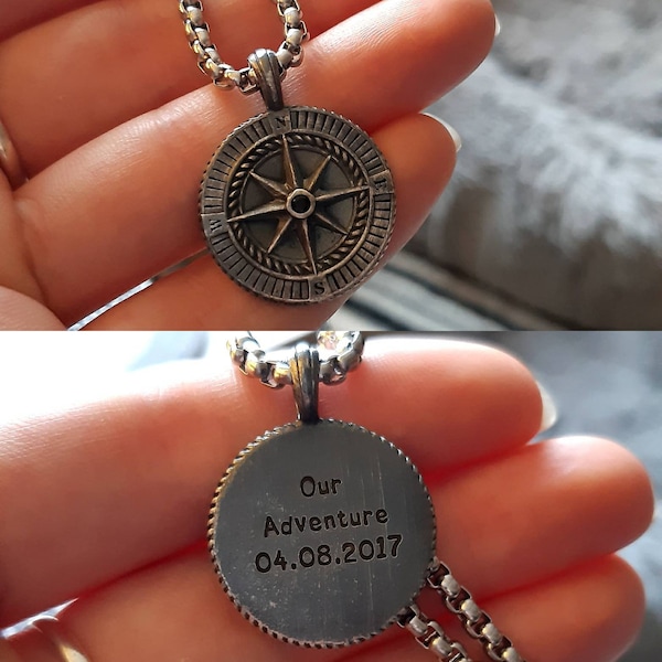 Men's Engraved Compass Pendant Necklace in Silver • Personalized Names ...