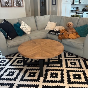 Round Rustic Wood Herringbone Pattern Coffee Table With Black Wood Legs ...