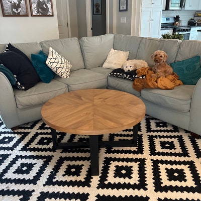 Round Rustic Wood Herringbone Pattern Coffee Table With Black Wood Legs ...