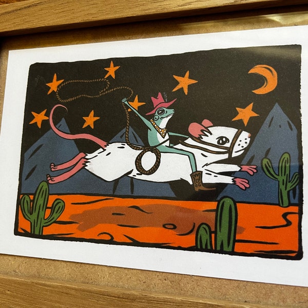 Framed Cowboy Frog Riding Mouse Print - Ready to Hang 4"x6" Wall Print ...