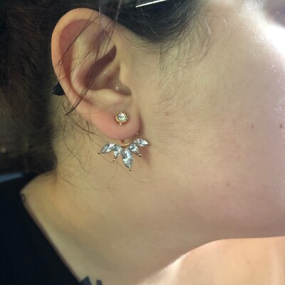 Gold/silver Crystal Ear Jacket Bridal Ear Jacket, Daisy Stud Ear Jacket, Angel Ear Jacket, Front ...