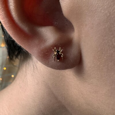 14K Gold Moss Agate Earring Threadless Push Pin Stud Dainty Fan Shape ...