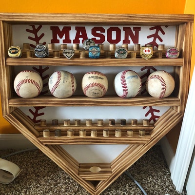 Rustic Baseball and Ring Display Holds 22 Rings/medals and 11 Baseballs ...