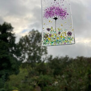 Whimsical Bright Rainbow Flowers Fused Glass Art Picture Sun Catcher & Wooden Display Stand ...