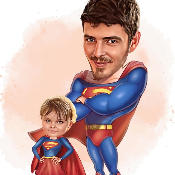 Custom Super Dad and Daughter Cartoon Portrait, Super Dad Portrait, Dad ...