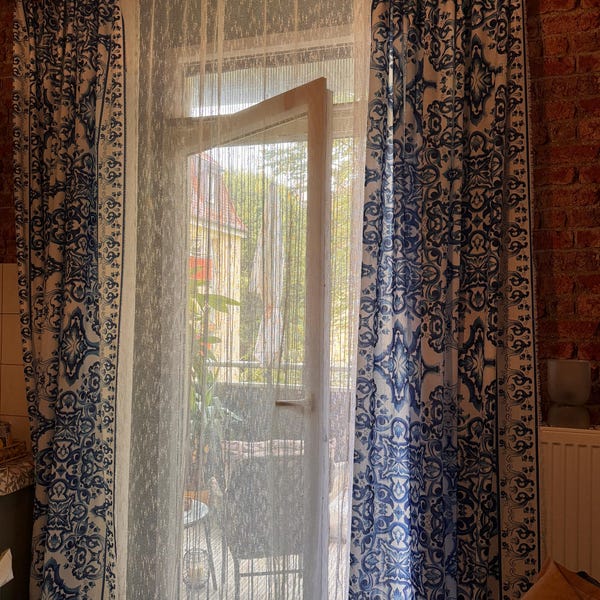 Italian Design Linen Fabric: Blue Tile Print, Summer Clothing, Drapery ...