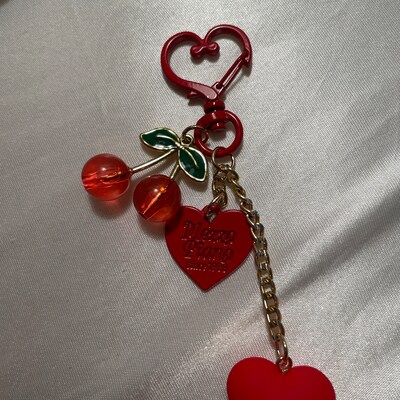 Pink Cherry Keyring With Heart Clasp, Cute Heart Keychain, Keychain ...