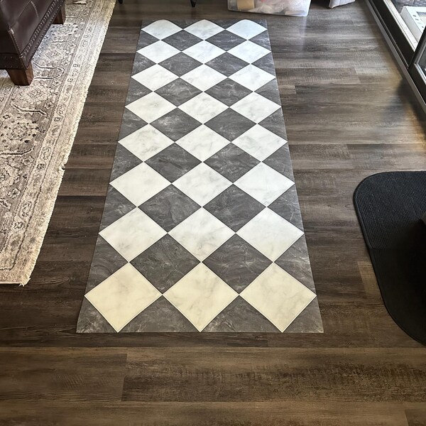 Checkerboard Vinyl Runner Rug in Black and White Marble Tile Design for ...