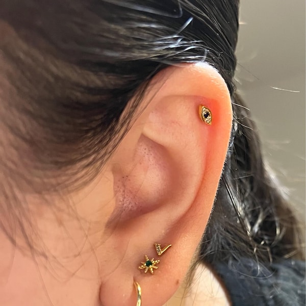 Dainty Bezel Rook Hoop Earring • Bezel Stone Helix Hoop • Rook Earring ...