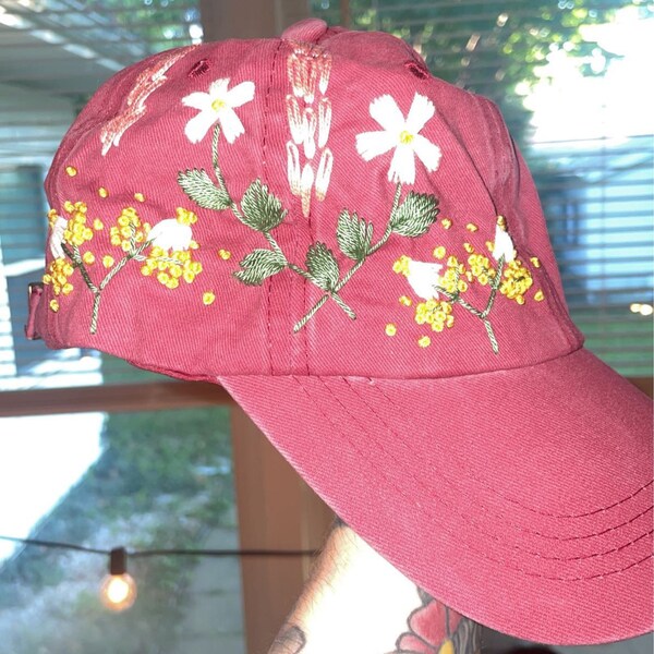 Hand Embroidered Hat, Floral Embroidered Denim Cap, Vintage Hat for ...