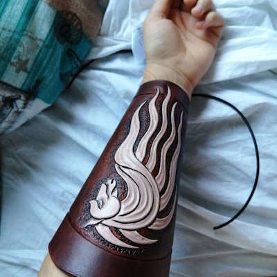Pair of Hand Carved Leather Archery Bracers, Armguard. Celtic Dragon ...