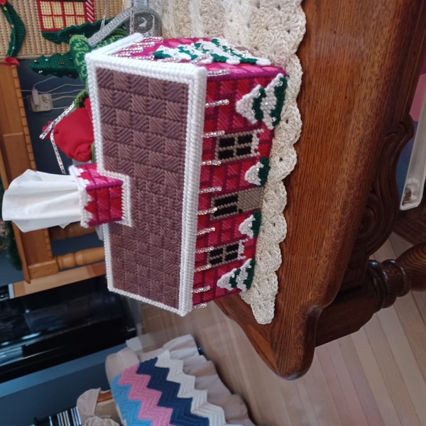 Snowy Brick Cottage Tissue Box Topper Holder Cover Vintage Plastic ...