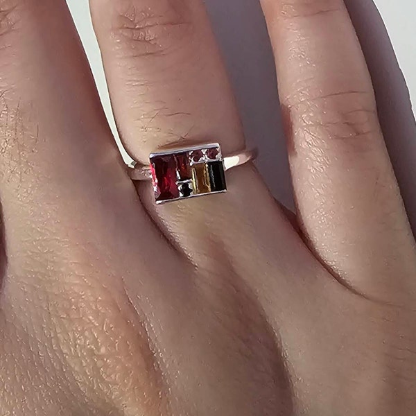 Unique Multi Gemstone Box Ring, 14K Solid Gold Baguette Garnet ...