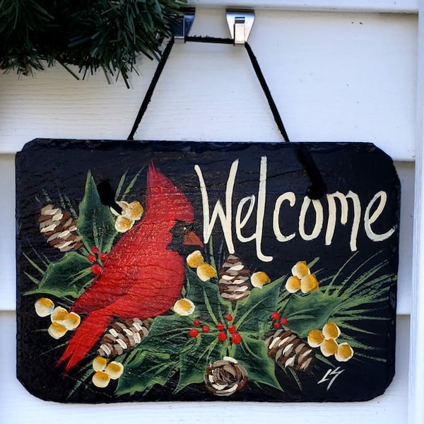 Hand Painted Slate Winter Sign, Welcome Plaque, Cardinal Slate Sign ...