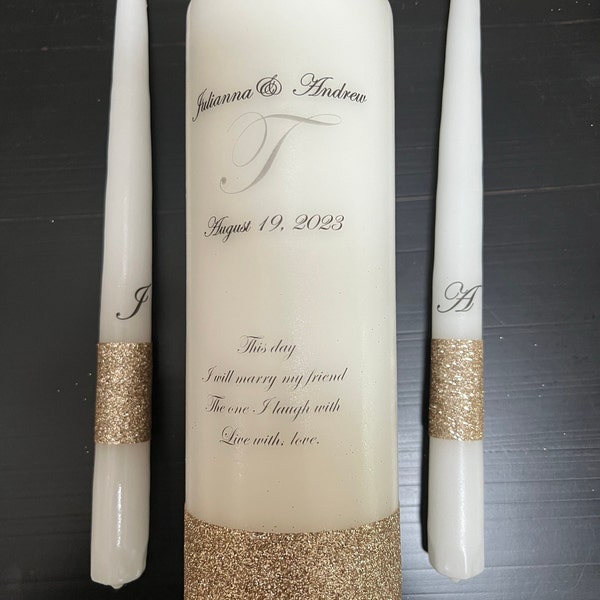Personalized Unity Candle SET With Monogram, Champagne Gold Glitter ...