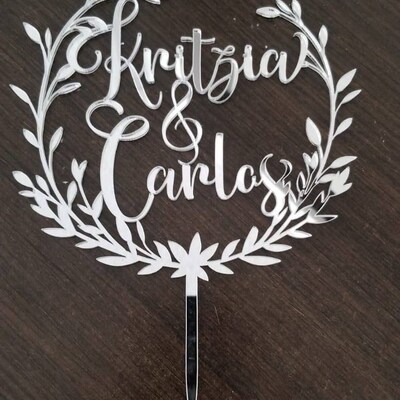 Name Cake Topper Wedding With Wreath, Names Wedding Cake Topper Gold ...