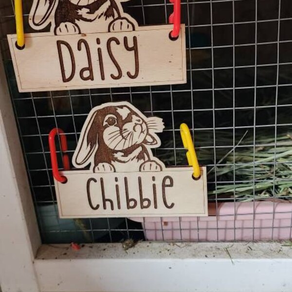 Bunny Rabbit Ears Down Cage Tag, Personalized, Custom, Engraved Wood ...