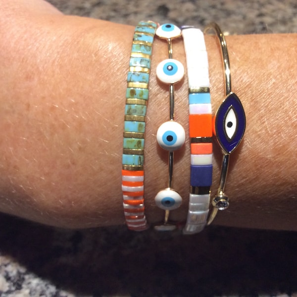Gold Evil Eye Bangle Bracelet, Adjustable Evil Eye Cuff Bracelet ...