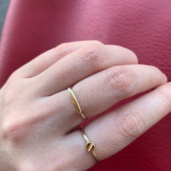 14K Solid Gold Rectangle Bar Ring, Plain Stacking Ring, Thin Gold, Stackable Knuckle Dainty Ring ...