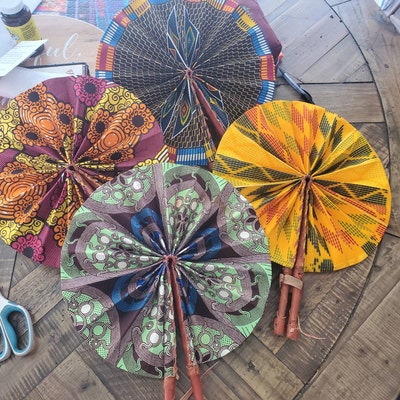 African Fabric Hand Fan With Leather Handle, Decorative Fan Made With ...