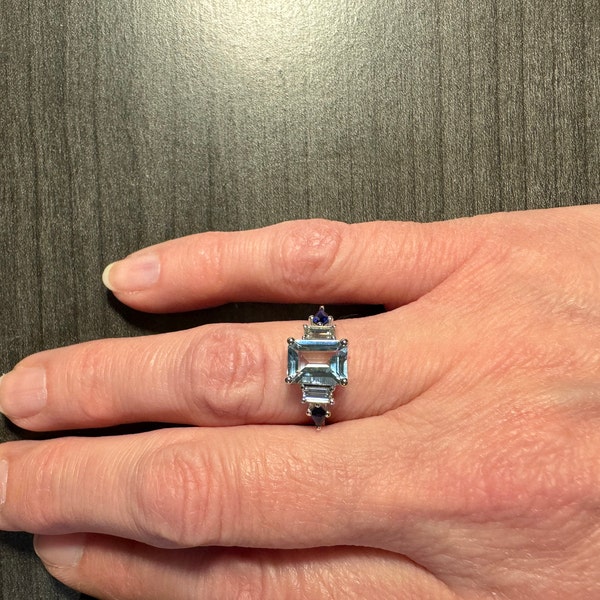 Unique Emerald Cut Natural Aquamarine Engagement Ring Vintage Kite Blue ...