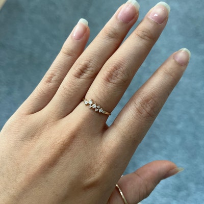 Diamond Iconic Cluster Ring, 14k Solid Gold Wedding Engagement Ring, Womens Minimalist Stacking ...