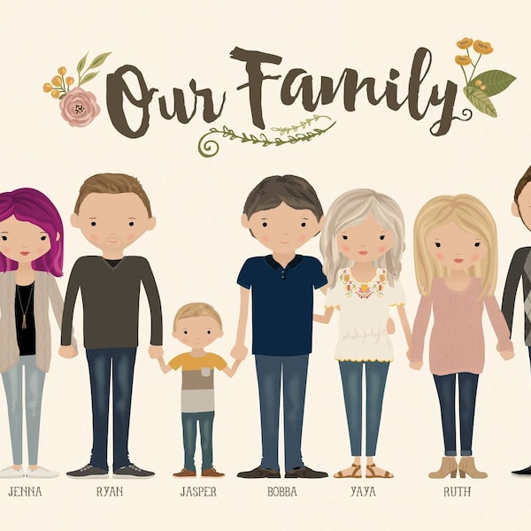 Extended Family Portrait • Grandparent Gift Custom Family Illustration ...