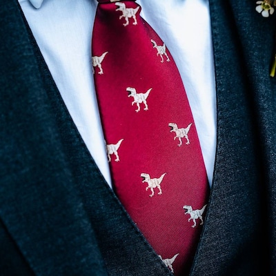 Burgundy Maroon Tie With Dinosaur T-rex Embroidered Design by Frederick ...