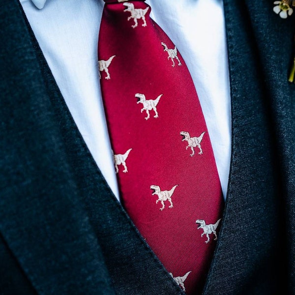 Burgundy Maroon Tie With Dinosaur T-rex Embroidered Design by Frederick ...