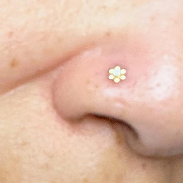 14k Solid Gold Three Stone L-shape Nose Stud Dainty S-shape Minimalist ...