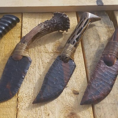 Large Knapped Glass Bowie Knife With Deer Antler Handle Flint Knapping ...
