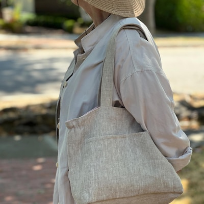 Small Linen Tote Bag With Two Pockets, Handmade Linen Bag With Lining ...