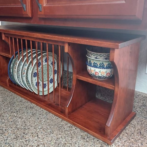 NEW* Split Shelf Cabinet Wall Counter Wood Plate Dish Rack Mugs Glasses ...