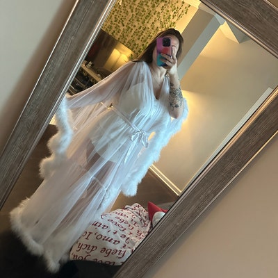 Feather Robe Sheer Robe Black Robe Feather Pajamas Robe With Fur Trim ...