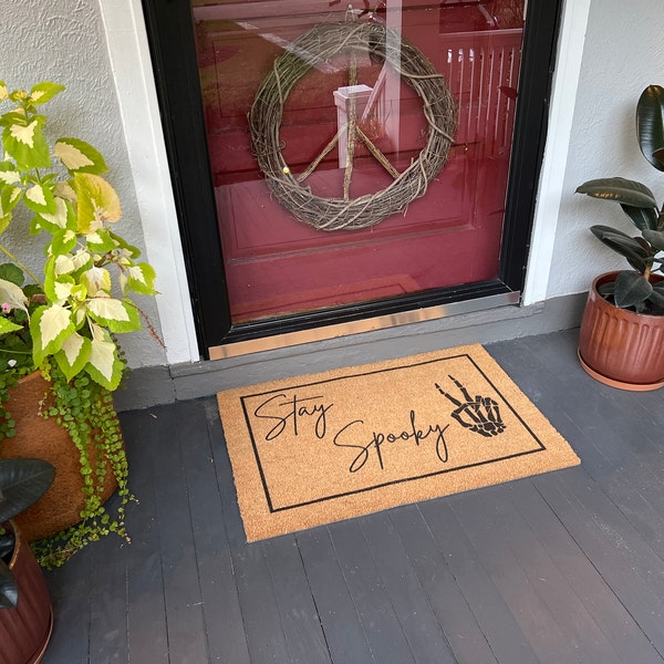 Stay Spooky Doormat, Skeleton Peace Sign, Halloween Doormat, Fall ...