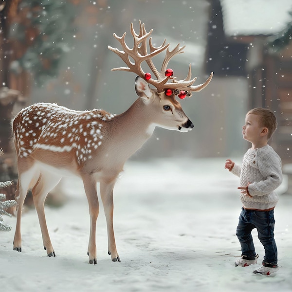 Winter Reindeer in Village Digital Background, Fine Art Holiday ...