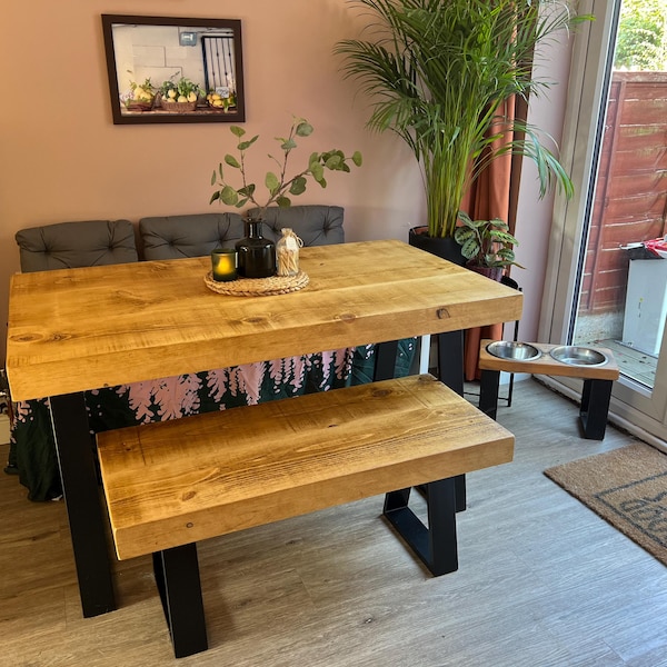 HARDWOOD Solid Oak Chamfered Edge Dining Table With Steel CHUNKY SQUARE ...