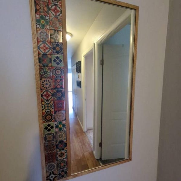 Handmade Turkish Ceramic Tile Mirror – Rustic Oak Wood Frame Wall Decor ...