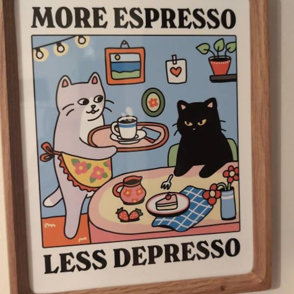 More Espresso Less Depresso Black Cat Wall Print, Coffee Cat Poster ...