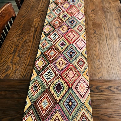 Vintage Multicoloured Turkish Kilim Table Runner. Geometric Tapestry ...