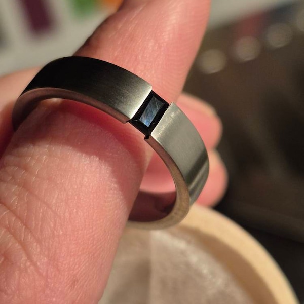 Titanium Tension Ring With Princess Cut Gemstone Setting. Brushed ...