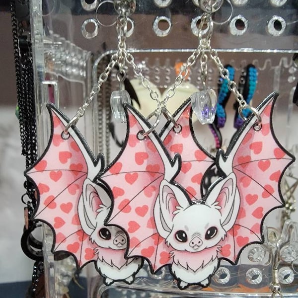 Heart Pattern Pink Bats Resin & Shrink Plastic Valentines Day Earrings ...
