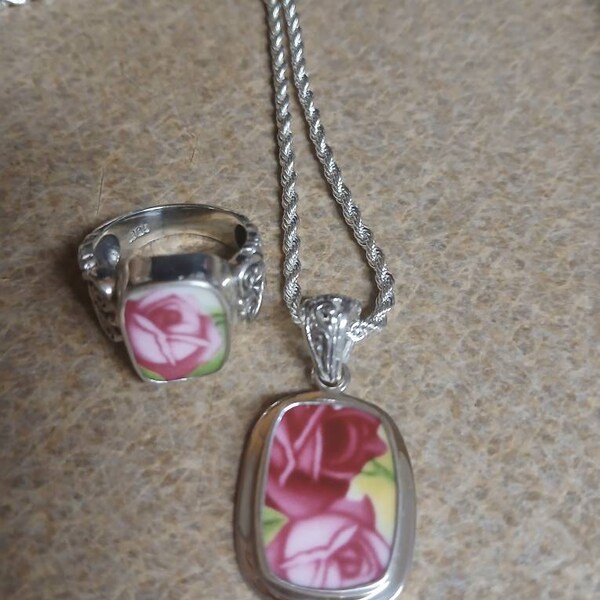 Size 7 Broken China Jewelry Old Country Roses Backstamp Sterling Ring ...