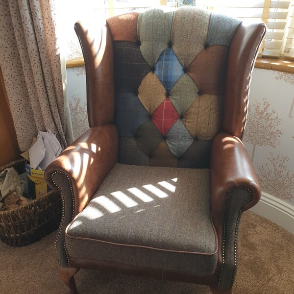 Harris Tweed Patchwork Chair C001YM Medium Brown Leather - Etsy UK
