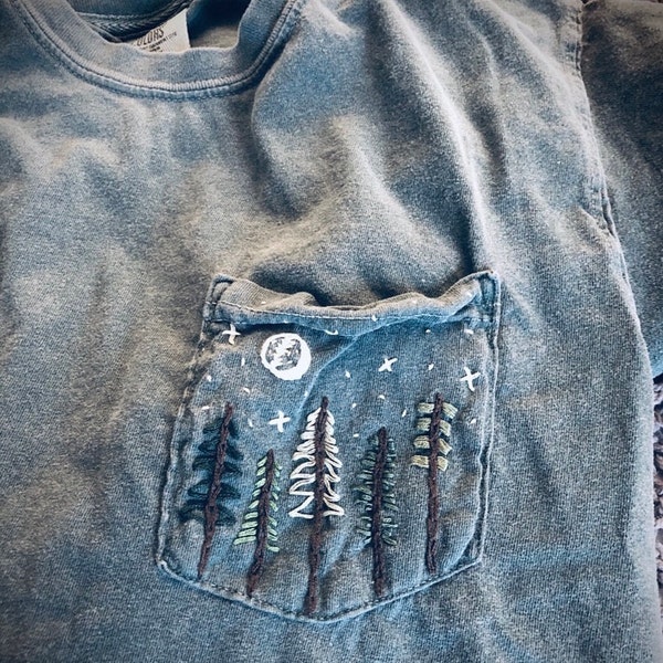 Spruce Trees Hand-embroidered Pocket Tee Shirt Unisex Short Sleeve - Etsy