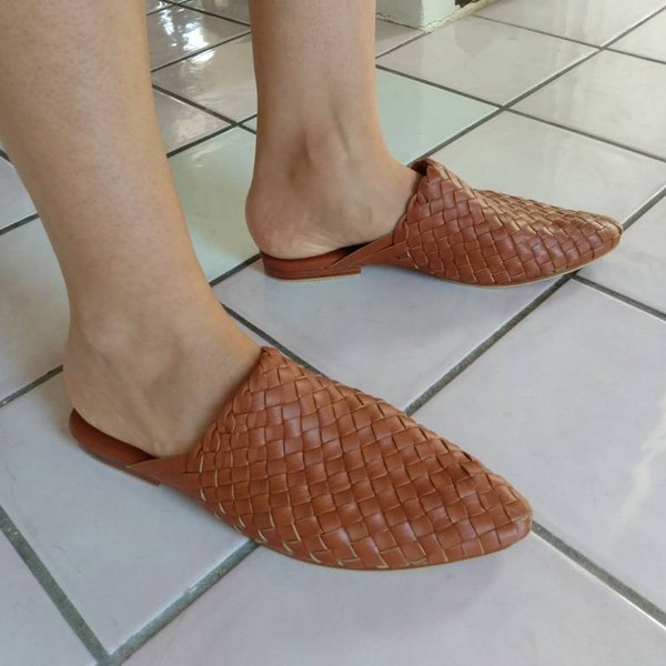 Vania Handwoven Goatskin Leather Mules, Handmade Goatskin Leather Mules ...
