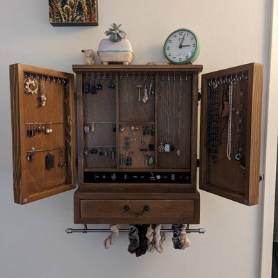 Jewelry Cabinet/ Armoire / Earring Display/ TEAK Stain Jewelry Storage ...
