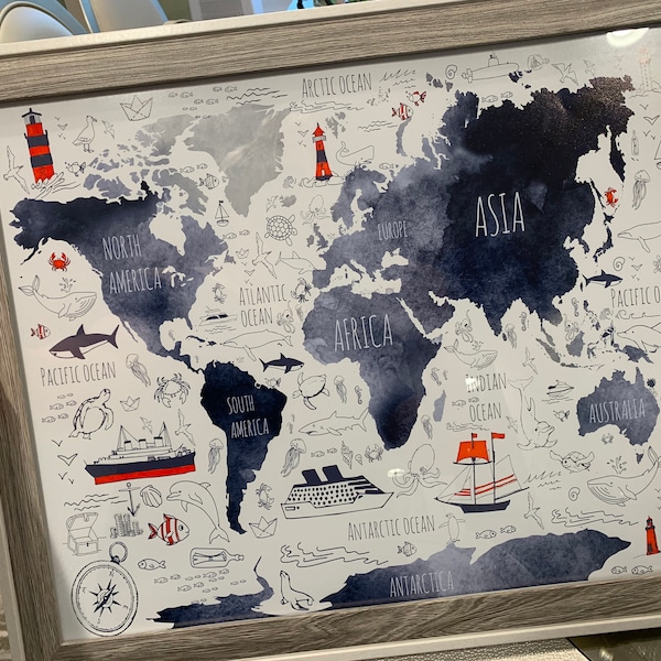 Navy Blue Map for Kids, Nautical Nursery Art, Printable World Map, Boys ...